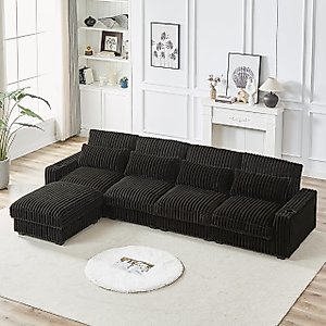 Yoglad 128'' L Shaped Modular Sectional Sofa, Cozy Oversized Corduroy Couch with Cup Holders and Charging Port, 4-Seater Sofa with Ottoman for Livingroom Apartment Office (Black)