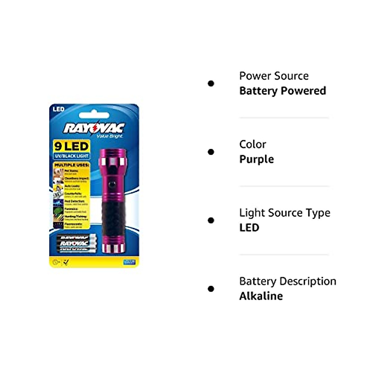 Rayovac UV Flashlight Black Light, 400 nm Ultraviolet Blacklight Detector for Dog Urine, Pet Stains, Bed Bug and Auto Leaks, Purple (BEUV3AAA-BA)