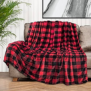 PAVILIA Buffalo Plaid Throw Blanket for Sofa Couch | Soft Flannel Fleece Red Black Checker Plaid Pattern Decorative Throw | Warm Cozy Lightweight Microfiber | 50 x 60 Inches