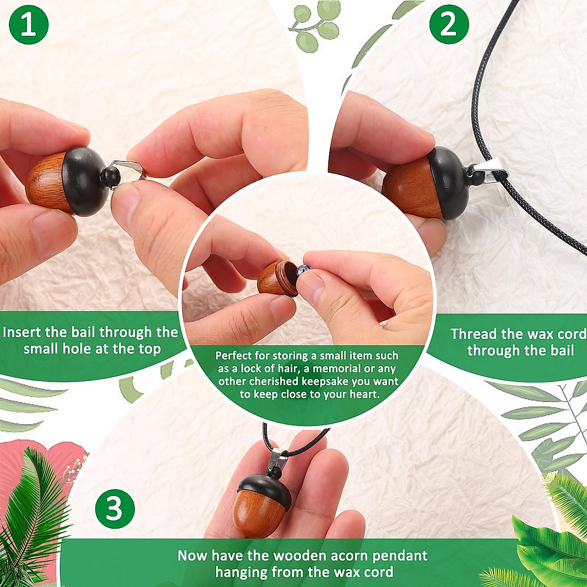 2 PCS Wooden Acorn Charms Nut Box Pendant with 2 PCS Black Waxed Necklace Cord and Lobster Claw Clasp for DIY Accessories Pendant Decorations Jewelry Making