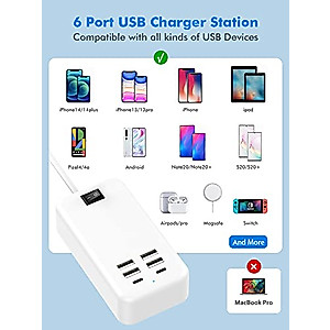 USB Charger, Flymic 30W 6 Port USB Charger Station for Multiple Devices USB Power Strip USB C Charger Block USB Charging Hub for iPhone 14/13 Pro Max/13 Pro/13, iPad Pro, Switch, Galaxy S21 (White)