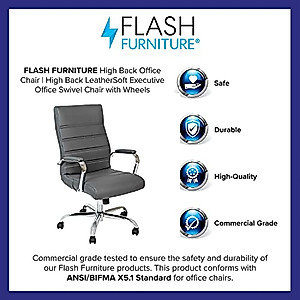 Flash Furniture Whitney High Back Desk Chair - Gray LeatherSoft Executive Swivel Office Chair with Chrome Frame - Swivel Arm Chair