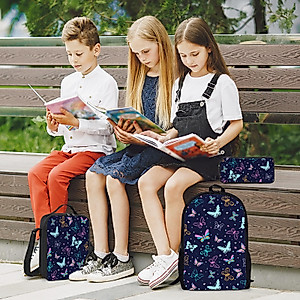 Ulbraofs Girls Backpack with Lunch Box Pencil Case, 3PCS School Backpack Set for Kids Teens, Elementary Middle School Bookbag for Boys Girls Student - Blue Butterfly