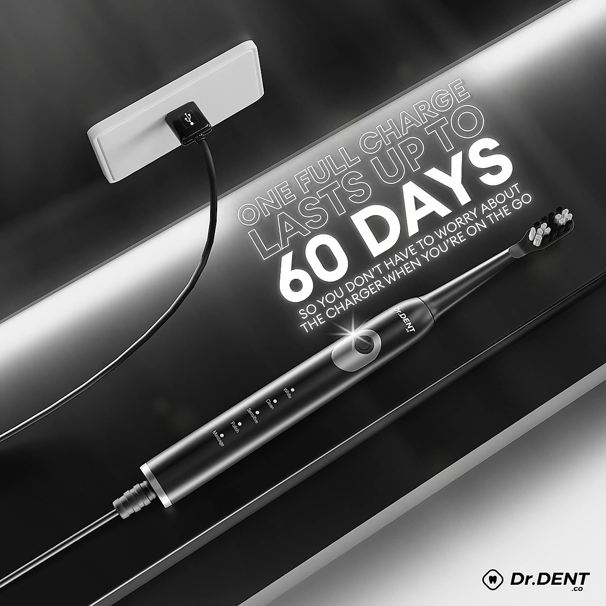 DrDent X Edition Sonic Electric Toothbrush - 8 Brush Heads - 5 Cleaning Modes with Smart Timer - Interdental and Tongue Cleaner Brush Head Included - One Charge Lasts 60 Days