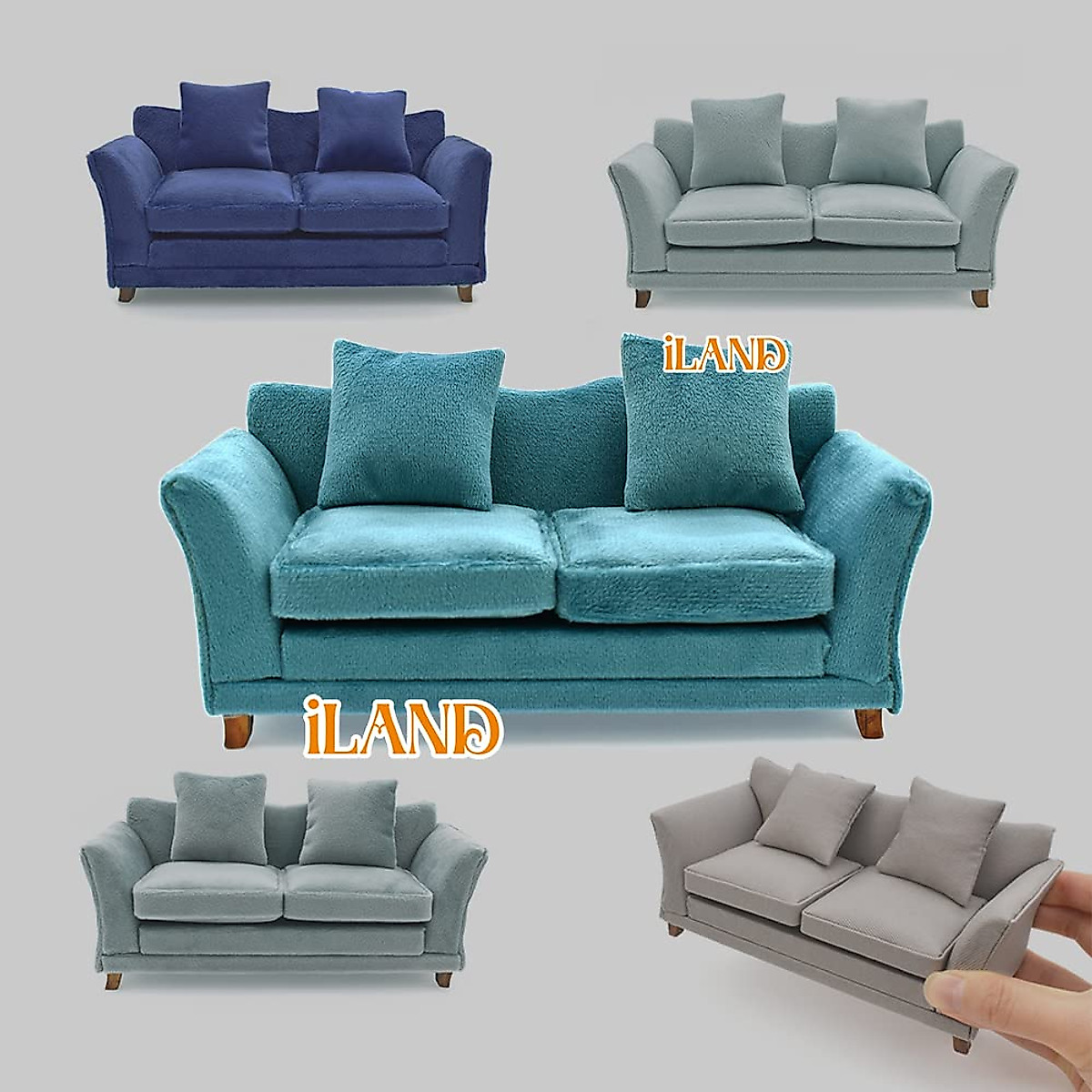 iLAND Modern Dollhouse Furniture on 1/12 Scale of Miniature Sofa for Dollhouse Living Room (Turquoise Blue Velvet)