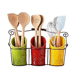 ienjoyware Kitchen Utensil Holder Set (4 Pieces) - 3 Ceramic Crocks & 1 Portable Wire Caddy - Multi-Color