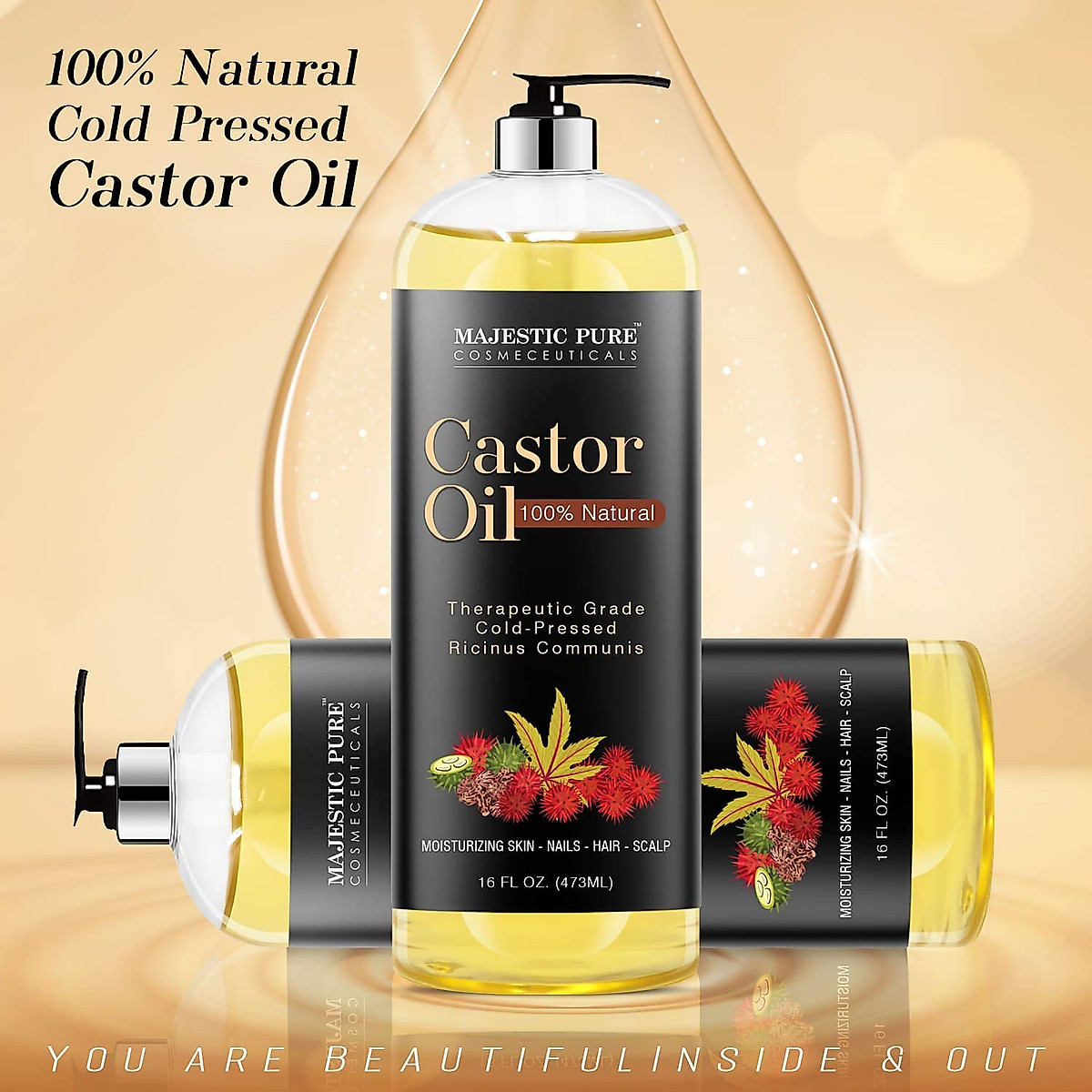 Majestic Pure Castor Oil | 100% Natural | Premium Grade Cold Pressed | Hair, Eyelashes, Eyebrows, Nails | Moisturizing & Nourishing | Body, Hair & Carrier Oil | 16 Fl Oz
