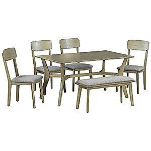 XD Designs Mid-Century 6-Piece Dining Table Set, Wooden Kitchen Dining Table Set, Rectangular Dining Table with Unique Shape Legs, 4 Upholstered Comfort Chairs & 1 Bench (Antique Yellow)