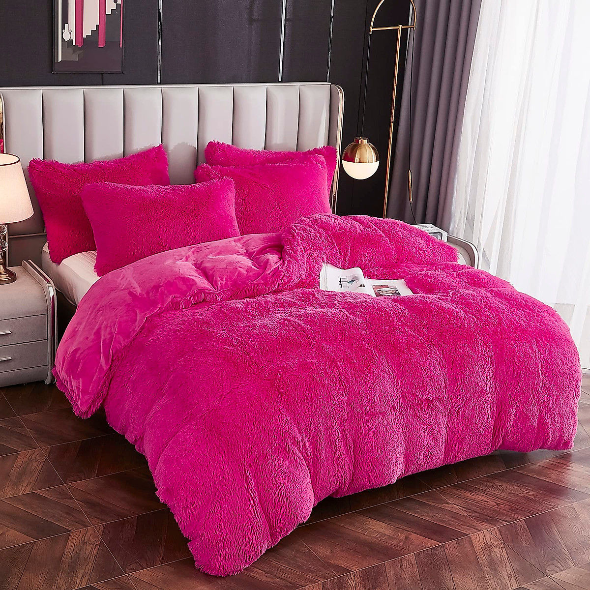 Yaoshuho Plush Fluffy Duvet Cover Queen Size Luxury Ultra Soft Shaggy Duvet Cover Set Faux Fur Comforter Bedding Set(1 Duvet Cover + 2 Pillow Shams), Hot Pink