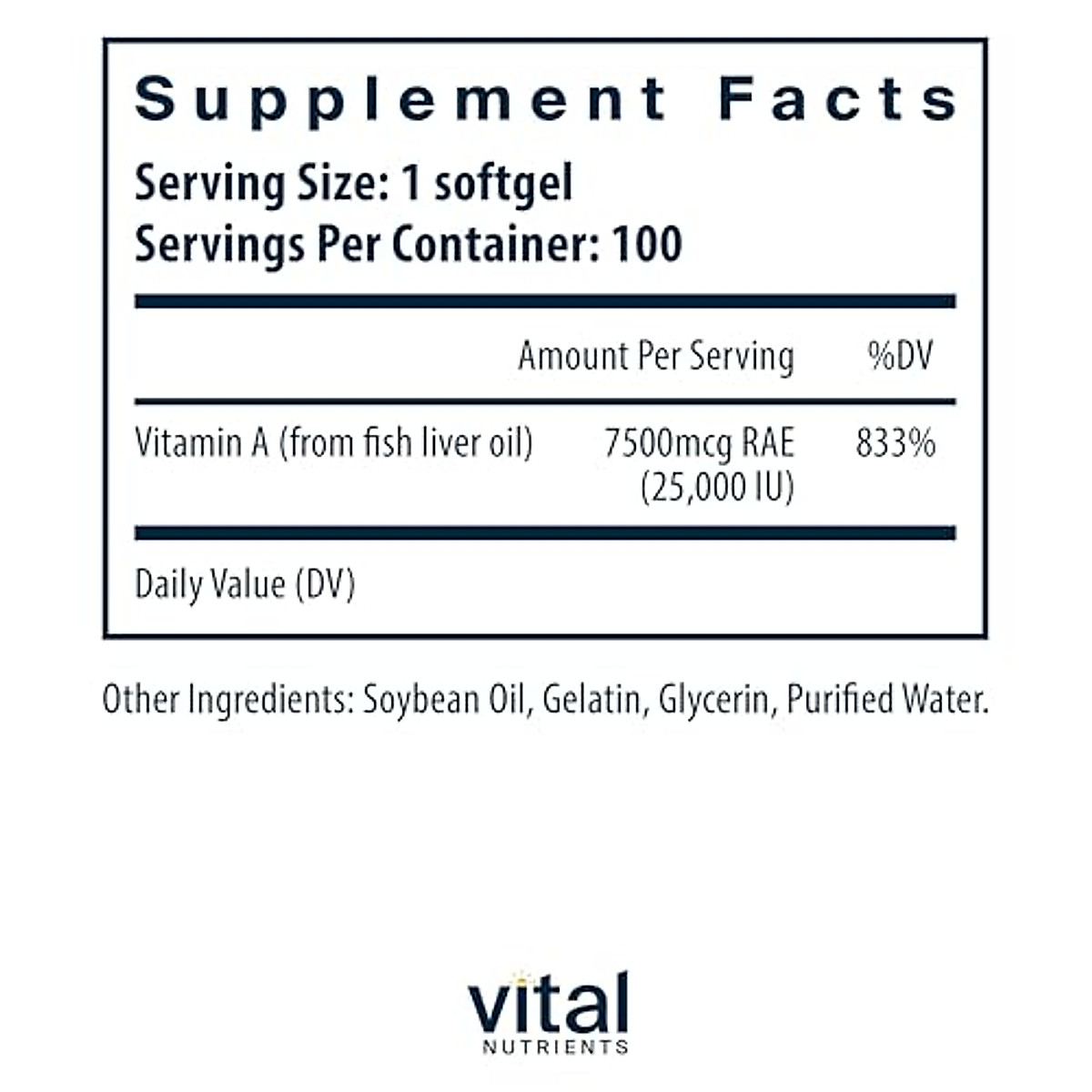Vital Nutrients - Vitamin A (from Fish Liver Oil) - Supports Immune Function and Vision - 100 Softgels per Bottle - 7500 mcg RAE