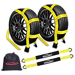 Autofonder 2Pc Tow Dolly Basket Straps with Flat Hook for 14"-17" Tires -10,000 lbs Breaking Strength Tire Bonnet&Tire Net -2” Over Wheel Car Basket Tie Down Straps with Axle Straps,Carrying Bag