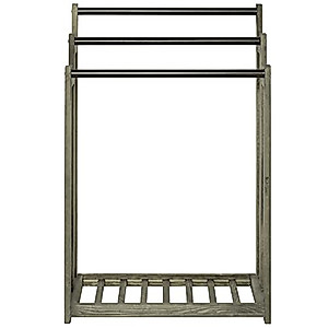 MyGift 3 Tier Matte Black Metal Bar Bath Towel Holder on Vintage Gray Solid Wood Frame Stand with Slatted Storage Shelf, Floor Standing Bathroom Drying Rack