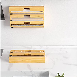 New Size 2 in 1 Wrap Dispenser with Cutter and Labels, Plastic Wrap, Aluminum Foil and Wax Paper Dispenser for Kitchen Drawer, Bamboo Roll Organizer Holder, Size 36cmx8cmx15cm