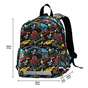 Fisyme Monster Truck Car Colorful Backpack Schoolbag Kids Daypack Toddler Travel School Bag Small Mini Backpacks for Kindergarten Preschool Nursery Children Boys Girls with Chest Strap