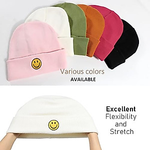 SONMONY Smile Face Beanie Hats for Women Mens Winter Knit Beanies Soft Cuffed Warm Smile Stretchy Beanies Hat… White