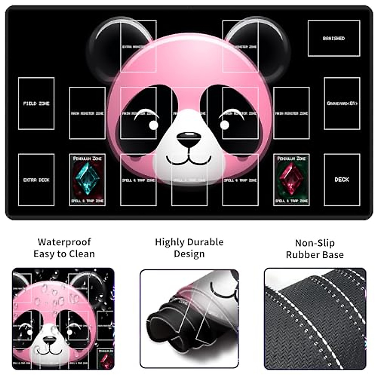 Playmat for OCG, Game Play Mat for TCG CCG 24 x 14 inch with Non-Slip Rubber Base and Stitched for Board Games and Table Magic, Pink Panda
