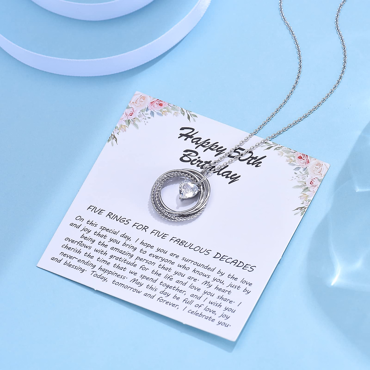 EPIRORA 50th Birthday Gifts for Women, Dainty 5 Circles Heart Cubic Zirconia Pendant Necklace for Her, 50 Years Old Birthday Jewelry Gifts