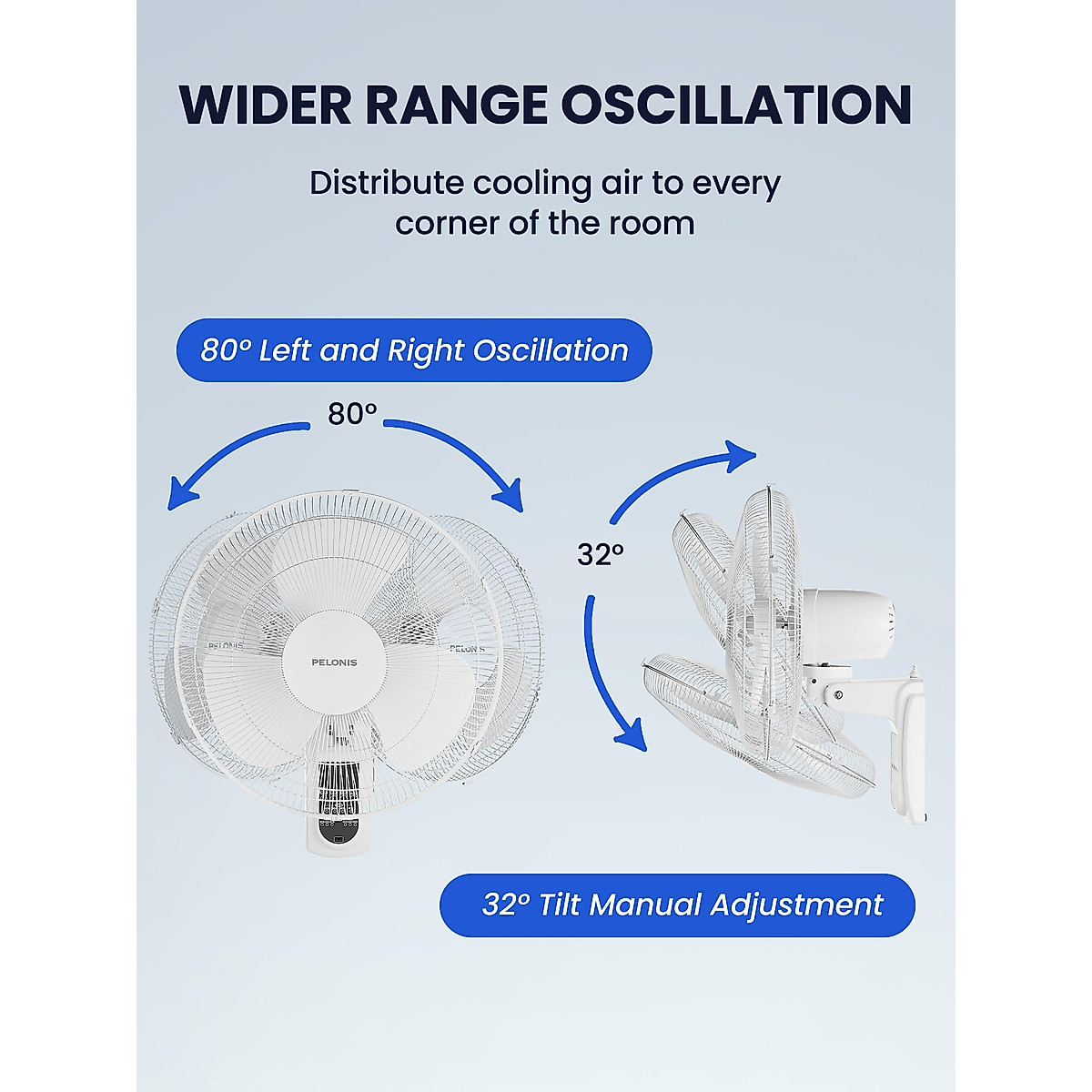 PELONIS 16‘’ Wall Mount Fan with 3 Speed Settings Oscillating Fan with Adjustable Tilt High Velocity Household Wall Mounted fan, for Garage Patios Bedroom 2 Packs White