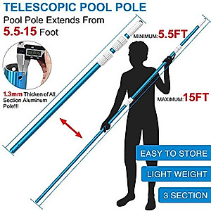 CKE Upgraded 15 Feet Thicken 1.3mm Blue Aluminum Telescoping Swimming Pool Pole,Adjustable 3 Piece Expandable Step-Up,Attach Connect Skimmer Nets,Rakes,Brushes,Vacuum Heads with Hoses, Universal 1.25"