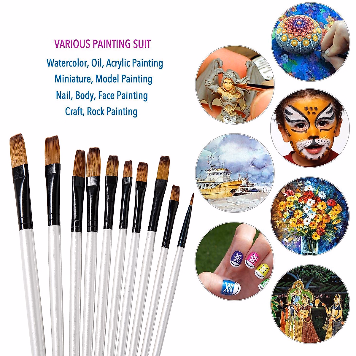 GETHPEN Art Paint Brushes Set, 12 PCS Nylon Professional Flat Paint Brushes for Watercolor, Oil Painting, Acrylic, Face Body Nail Art, Crafts, Rock Painting