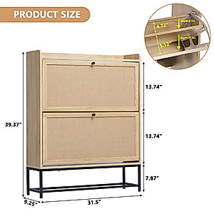 LEVNARY Shoe Storage Cabinet with 2 Flip Drawers, Wooden Narrow Shoe Cabinet Storage for Entryway, Freestanding Shoe Rack Organizer Cabinet with Metal Legs for Hallway (1, Natural Oak)