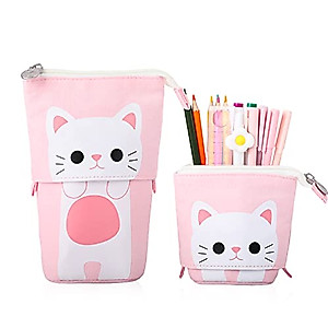 iSuperb Cute Pencil Case Standing Pen Holder Cat Pencil Bag Cartoon Pen Box Kawaii Pencil Pouch Big Makeup Cosmetics Bag with Zipper for Office Organizer Travel Storage Women Men