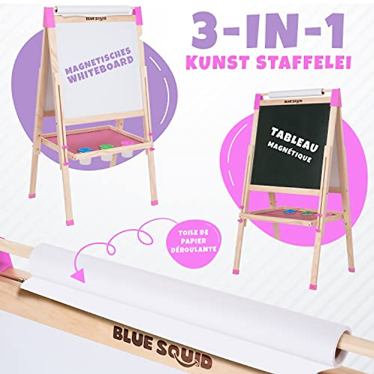 Blue Squid Art Easel for Kids - Dual-Sided Adjustable Wooden Painting Easels with Magnetic Chalk Board, Whiteboard, Paper Roll Including 100+ Accessories, Ideal for Toddlers & Children 3 to 12