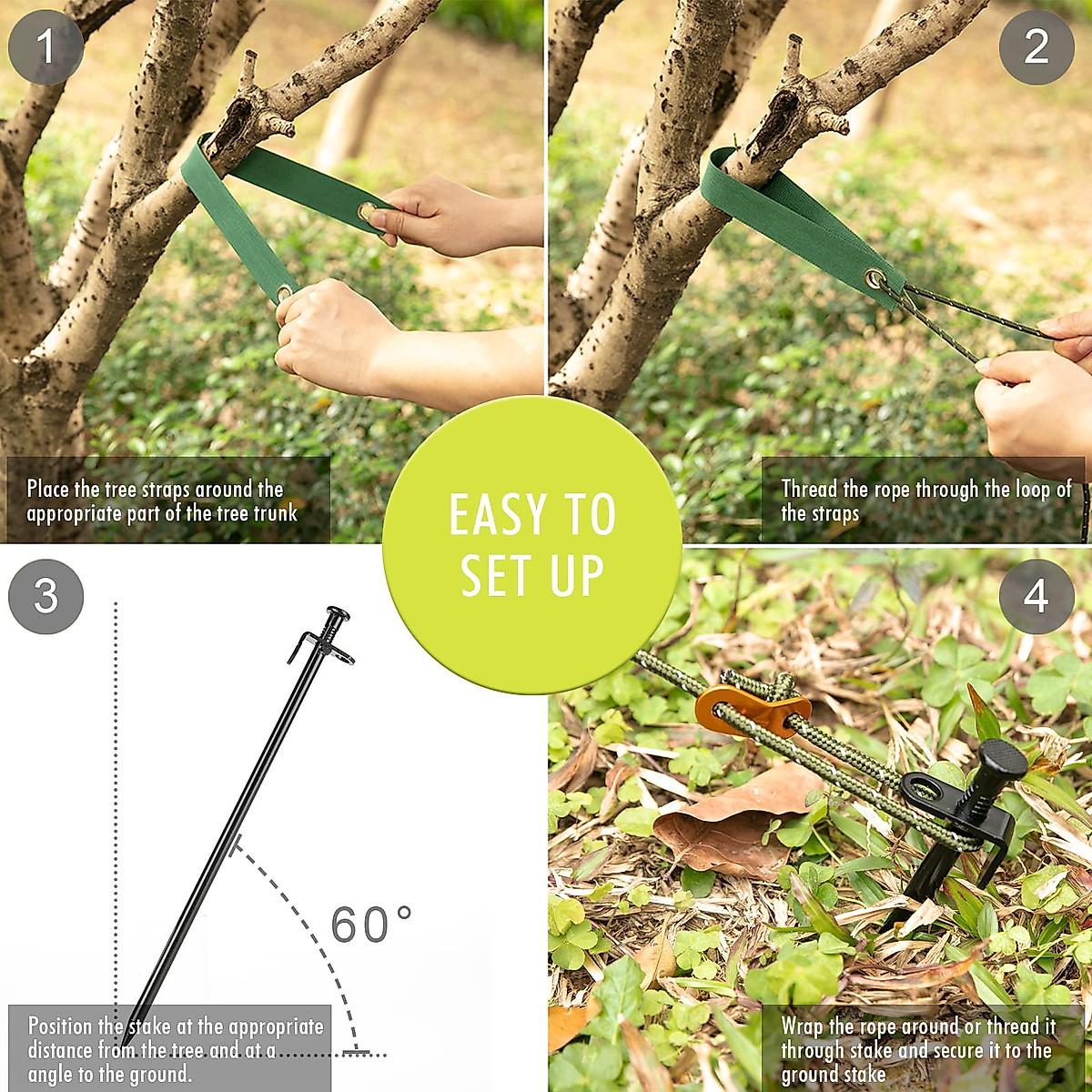 Heavy Duty Tree Stake Kits, 11.8 Inch Steel Tree Stakes and Supports for Young Tree Anti Strong Wind, Leaning Tree Anchor Straightening Kit with 3 PCS Steel Stakes, 13.12 Feet Rope and Tree Straps