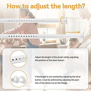 Closet Rods for Hanging Clothes, 1.3 Inch Diameter Heavy Duty Closet Rod 17-87 Inches Adjustable Clothes Hanging Rod White Closet Poles for Wardrobes, Bathroom, Windows