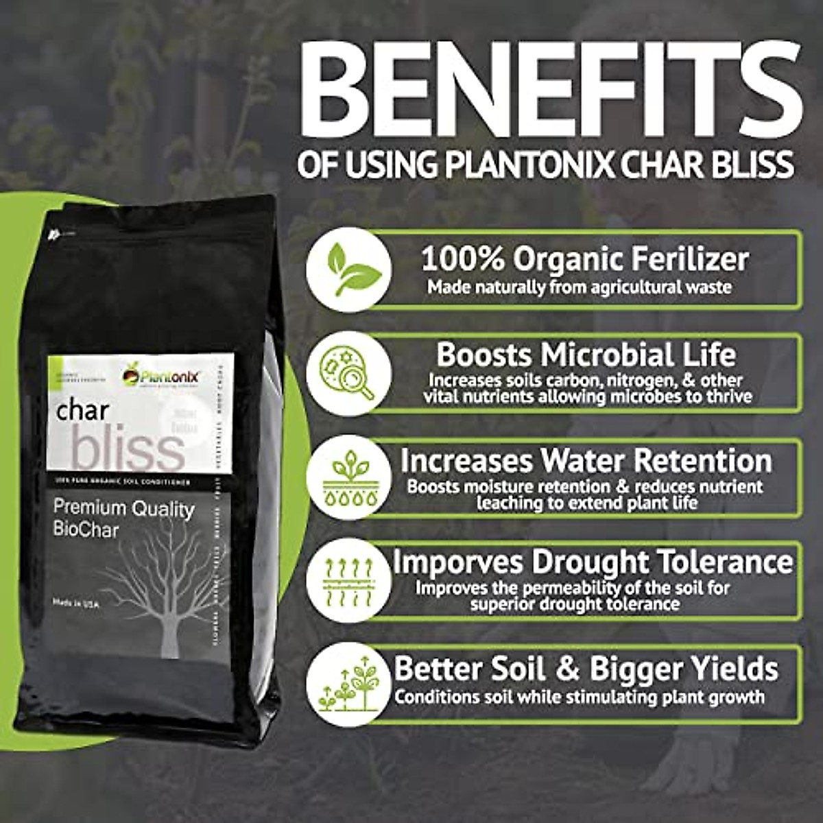 Char Bliss - Premium Biochar Organic Fertilizer Supplement - All Natural Soil Enhancer for Stimulating Plant Growth! Great for Potting and Gardening! (8 Quarts)