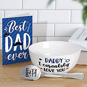 Father's Gift Dad Cereal Bowl and Cereal Killer Spoon Set with Best Dad Ever Greeting Card Set of 3 Birthday Engraved Box Basket Cerealsly Love You Daddy Christmas Present from Daughter Son Ice Cream