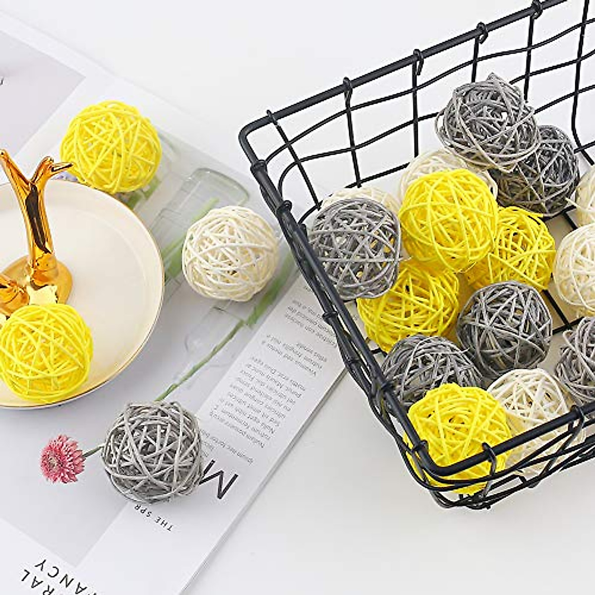 DomeStar 24PCS Yellow Decorative Balls for Bowl Centerpiece, 2 Inch Rattan Balls Wicker Balls Decorative Twig Orbs Spheres Bowl Fillers Vase Fillers Home Wedding Decor