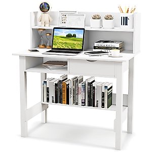 Tangkula White Desk with Hutch, Home Office Writing Study Desk with Storage Bookshelf & Drawer, Modern Makeup Vanity Desk for Bedroom, PC Laptop Desk Computer Desk for Working Studying