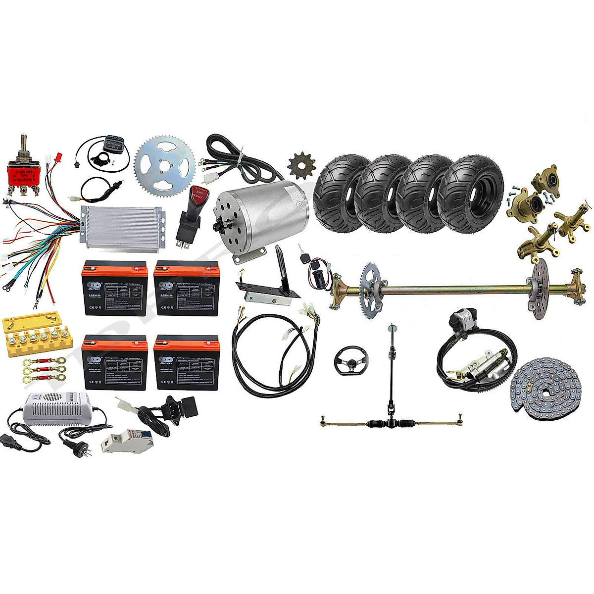 YC Yier 29" Go Kart Rear Axle Kit +Front Steering Shaft Assembly+ Brake + 13x5.00-6" Wheels Tires +48V 1800W Brushless Electric Motor Kit +24Ah Battery for Go Kart ATV Quad Buggy Drift Trike 4 Wheeler