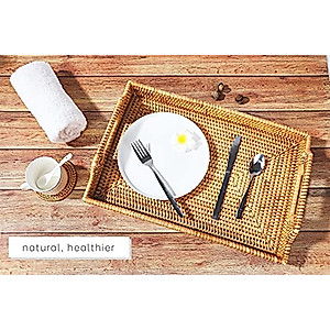 Large Rattan Tray with Rattan Coasters - Premium Flat Rectangular Serving Tray with Handles, Wicker Basket Tray 17''x11.4''x2'' Hand Woven Decorative Bed Tray for Coffee Table, Boho Tray by LYSCO