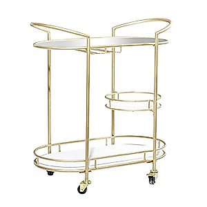 Deco 79 Metal Rolling 1 Glass and 2 Marble Shelves Bar Cart with Lockable Wheels and Mirrored Top, 31" x 16" x 33", Gold