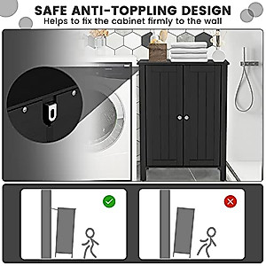 COSTWAY Bathroom Floor Cabinet - Freestanding Side Storage Organizer with Double Doors & Adjustable Shelf, Wooden Storage Cabinet for Living Room, Bedroom, Kitchen, Entryway (Black)