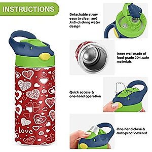 12 oz Kids Water Bottle, Valentine's Day Heart Stainless Steel Vacuum Insulated Flask with Straw Lid Double Wall Leakproof Thermos Reusable Toddlers Tumbler for School Girls Boys