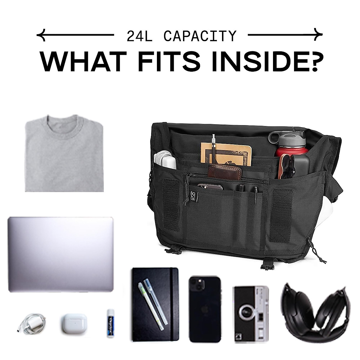 Chrome Industries Buran III Messenger Bag - 17" Laptop Sling Bag, Seat Belt Buckle, Water Resistant, 24 Liter, Black