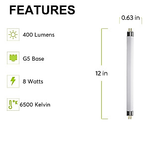 Sterl Lighting - Pack of 8 T5 Counter Lighting 11.33 inch Straight Fluorescent Tube Light Bulbs - 8 Watts - 110/130 Volts - G5 Base - 6500 Kelvin Supra Life Daylight - 400 Lumens