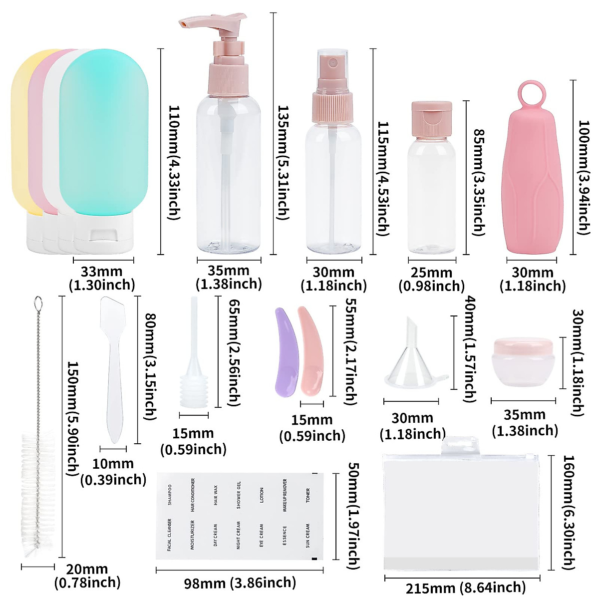 CCTIVED Travel Bottles for Toiletries, 23 Pack TSA Approved Silicone Travel Size Containers with Lable and Clear Bag, Leak Proof Refillable Travel Toiletry Bottle for Shampoo,Lotion,Conditioner