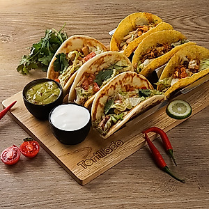 Tortillada - Taco Holders Set of 2 / Taco Holder Stainless Steel with Wooden Serving Tray incl. 2 Ceramic Dip Bowls + Recipe Book