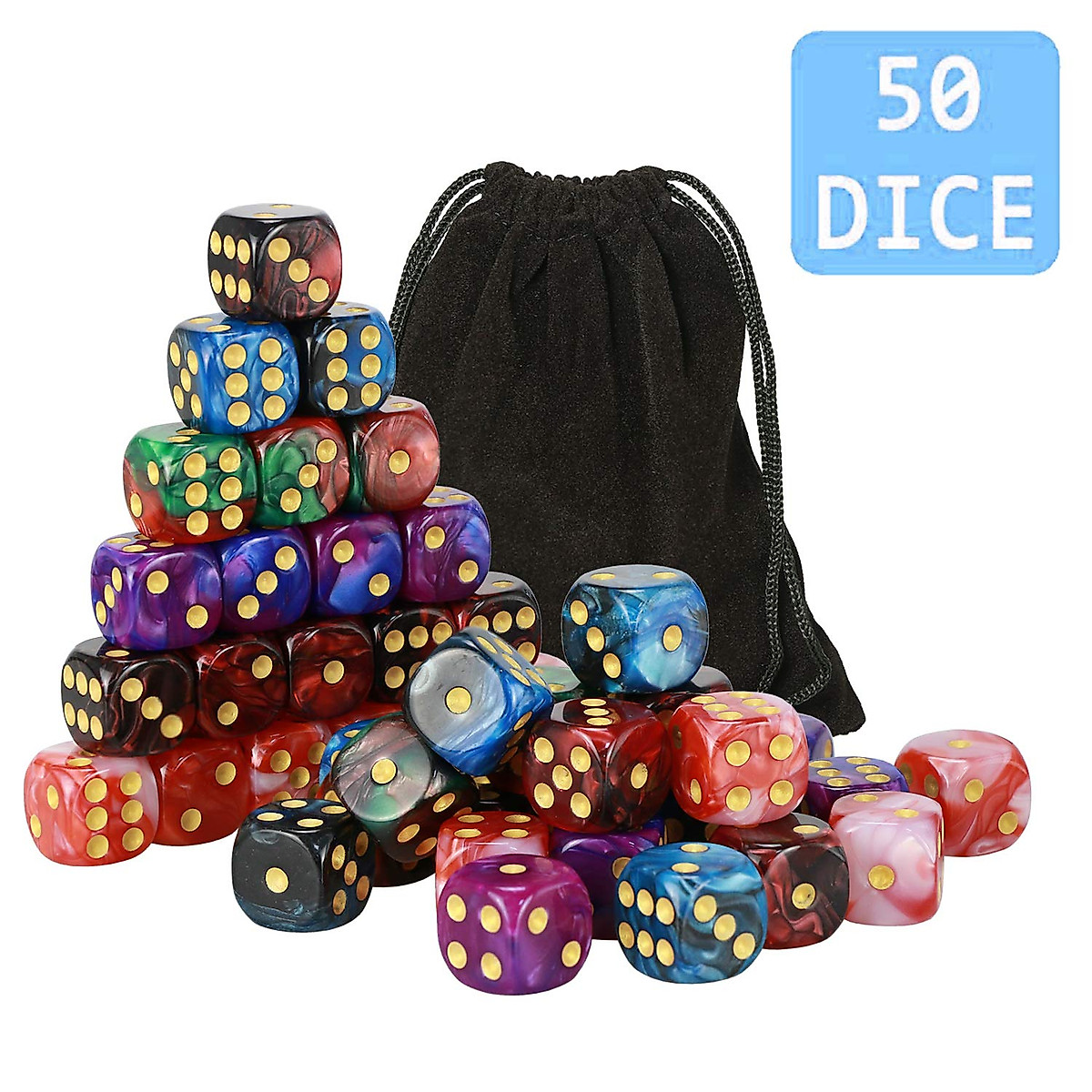 YOUSHARES 50 Pack D6 Game Dice Set with Pouch - 16mm Two Color 6 Sided Dice, Perfect Table Games Dice for Tenzi, Yahtzee, DND MTG RPG War Games