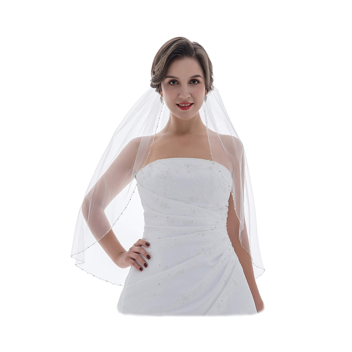 1T 1 Tier Crystals Silver Beaded Wedding Veil V409 - Light Ivory Fingertip Length 36"