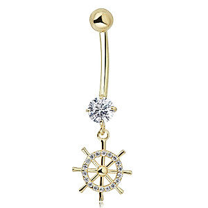 AVORA 10K Yellow Gold Simulated Diamond CZ Nautical Ship Wheel Dangling Belly Button Ring Body Jewelry (14 Gauge)