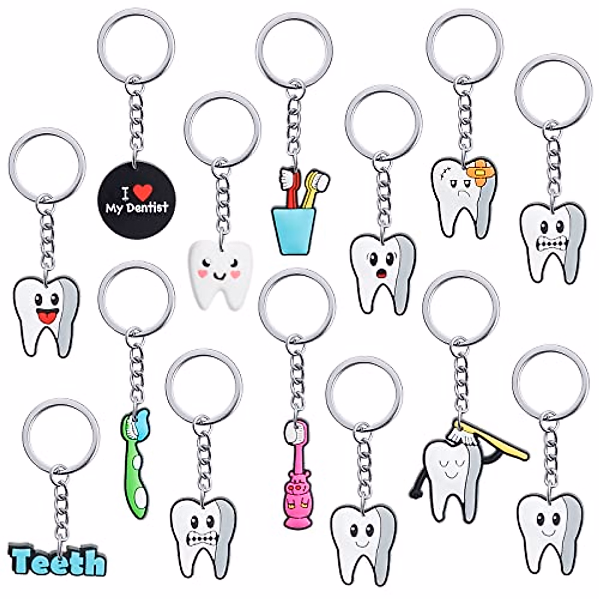 Tooth Shape Keychain Dentist Tooth Key Ring Dental Assistant Gifts Cute Tooth Ornament Decorative Keychain Ornament Dental Gift for Dental Students Office Staffs Dental Assistants, 12 Styles (36 Pcs)