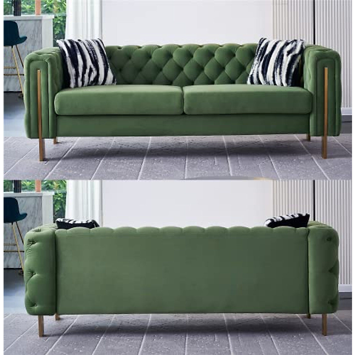 Melpomene Modern Button Tufted Velvet Sofa, Chesterfield Sofa with Square Arm,Gold Metal Legs and 2 Throw Pillows for Living Room(Mint Green)