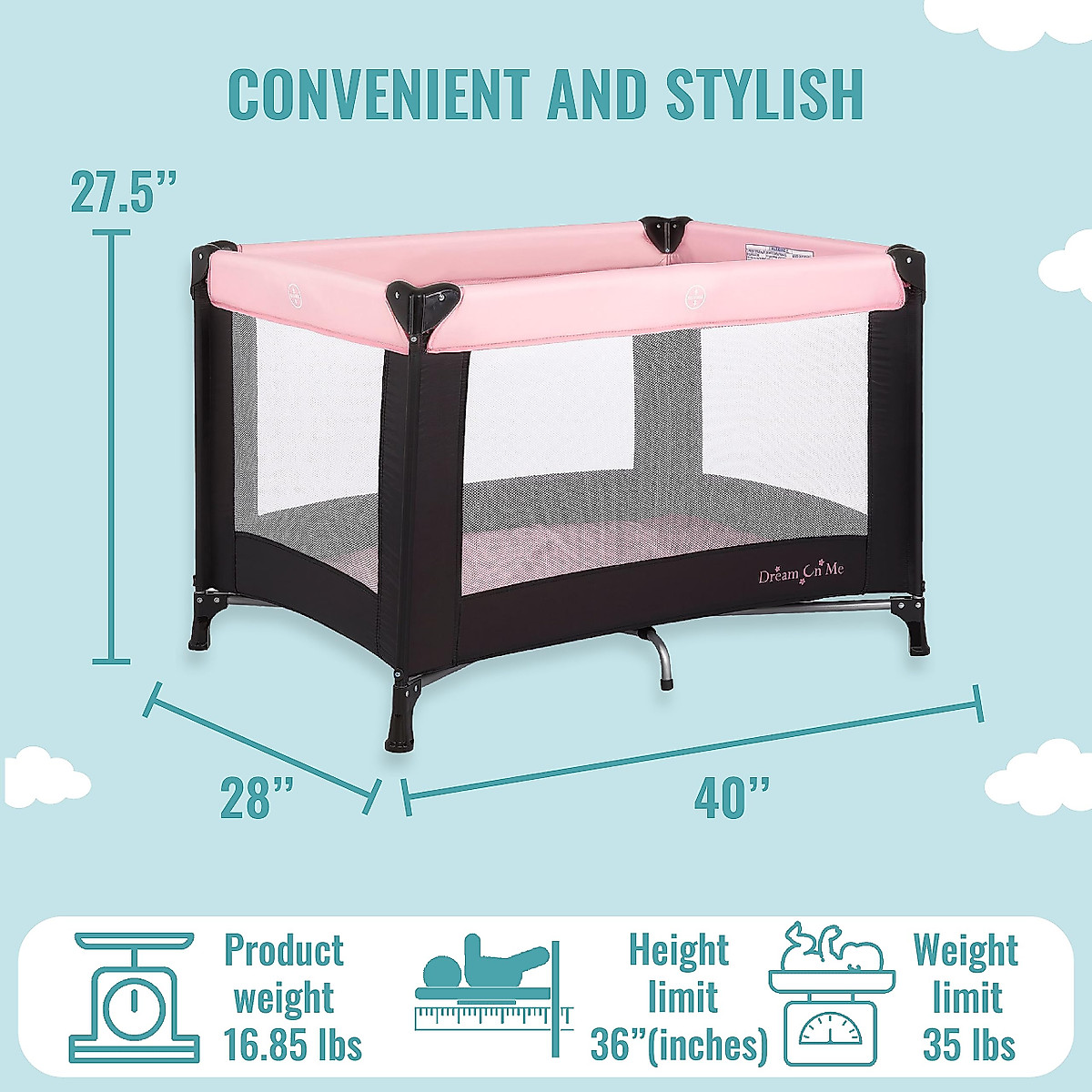 Dream On Me Nest Portable Play Yard with Carry Bag and Shoulder Strap, Pink