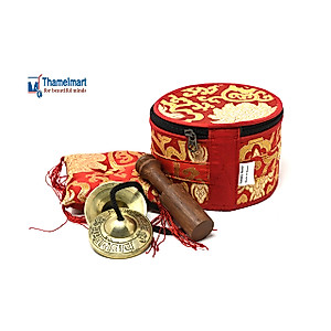 5" Tibetan Singing Bowl for Meditation, Sound Healing, Yoga & Sound Therapy. Made of 7 metals. Silk Cushion, Wooden Mallet, Box & Tingsha included Thamelmart (5 Inch matte)