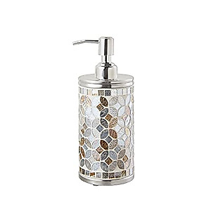 Madison Park Tesera Glass Bathroom Accessory Set, Stainless Steel Top, Handcrafted Mosaic Tiles, Vanity Décor, Lotion / Soap Dispenser with Pump, Tumbler, Covered Jar, Multi-Sizes, Silver/Gold 3 Piece